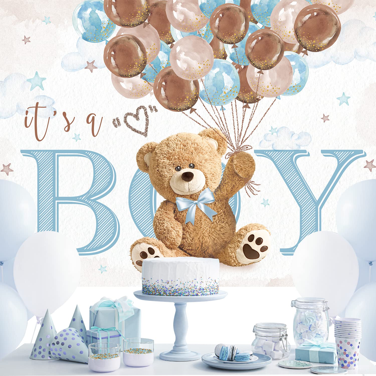 Imirell Boys Bear Baby Shower Backdrop 7Wx5H Feet It's a Boy Lovely Cute Brown Blue Balloons Cartoon Polyester Fabric Kids Newborn Photography Backgrounds Photo Shoot Decor Props Decoration