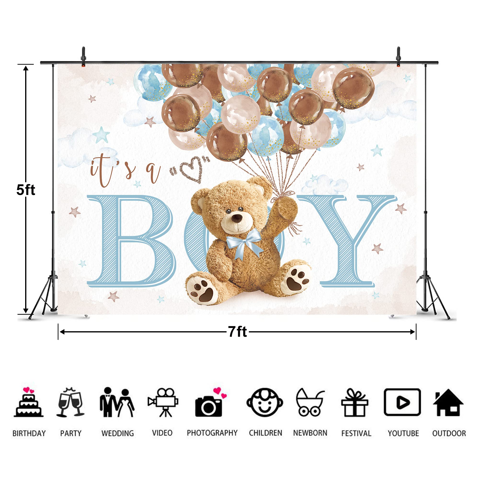 Imirell Boys Bear Baby Shower Backdrop 7Wx5H Feet It's a Boy Lovely Cute Brown Blue Balloons Cartoon Polyester Fabric Kids Newborn Photography Backgrounds Photo Shoot Decor Props Decoration