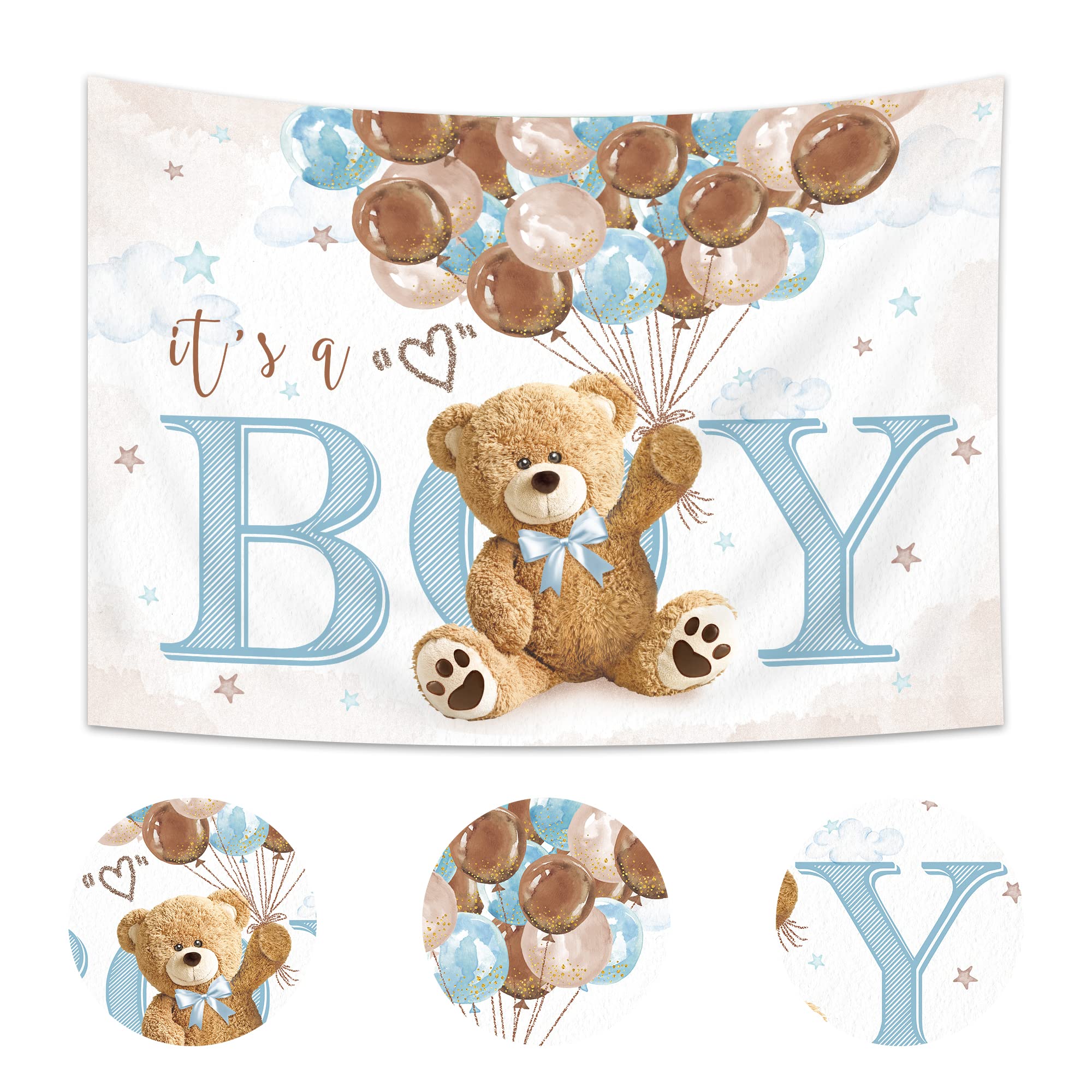 Imirell Boys Bear Baby Shower Backdrop 7Wx5H Feet It's a Boy Lovely Cute Brown Blue Balloons Cartoon Polyester Fabric Kids Newborn Photography Backgrounds Photo Shoot Decor Props Decoration