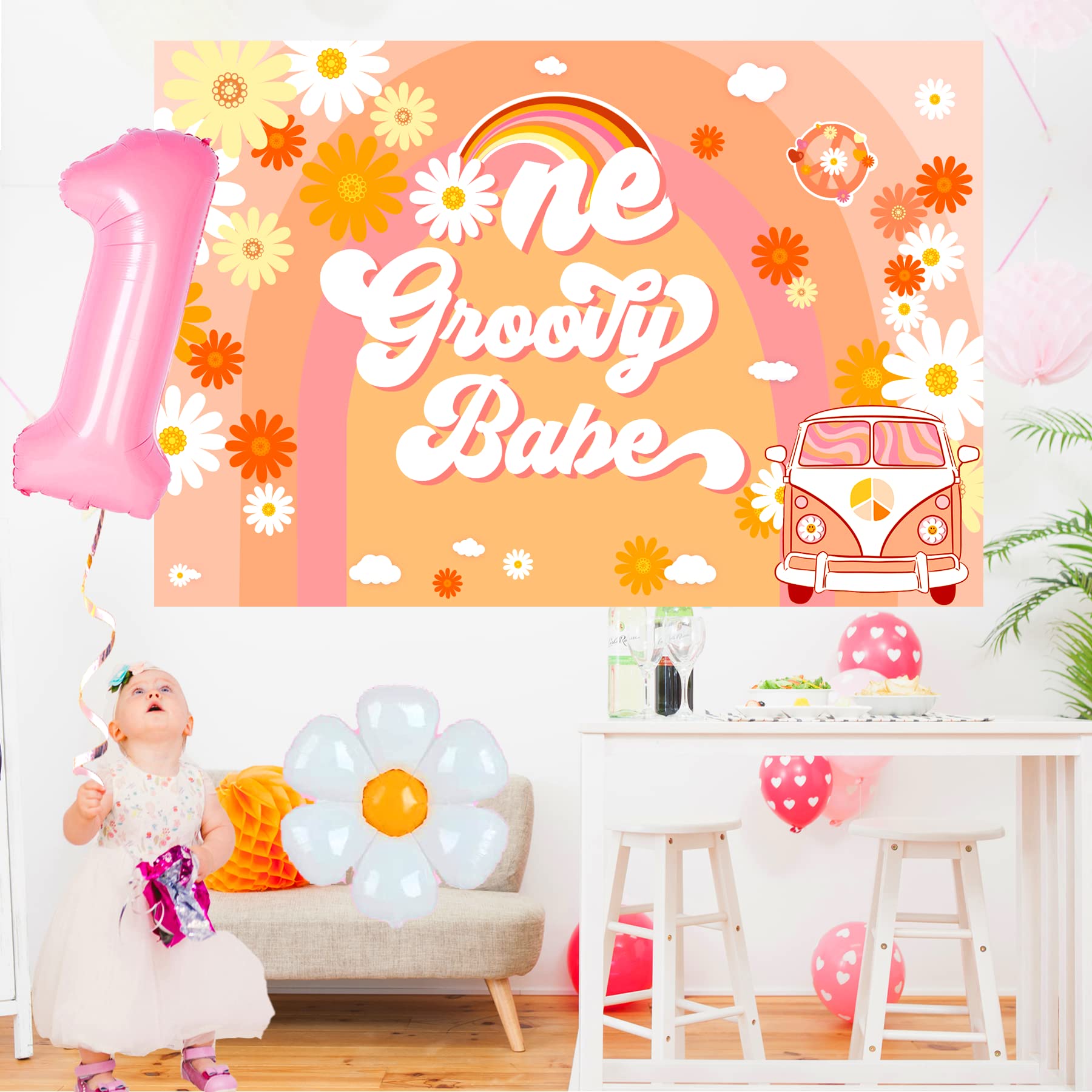 Groovy One Birthday Decorations, One Groovy Baby Birthday Decorations Girl, Groovy Balloons, Backdrop, Cake Topper, Banners for Groovy Birthday Party Decorations, baby girl 1st birthday