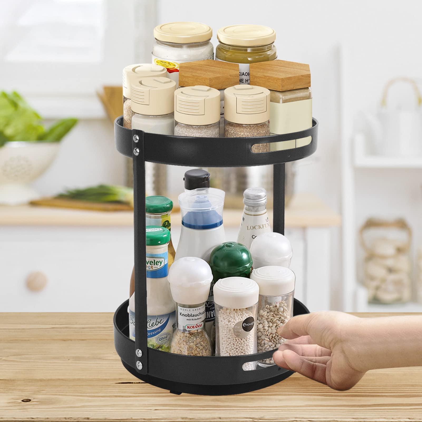 FYY Double Layer Lazy Susan Turntable Cabinet Organizer Spice Storage Rack, 360 Degree Rotating Spice Rack Metal Lazy Susan for Cabinet Pantry Kitchen Countertop Refrigerator Table Storage Black