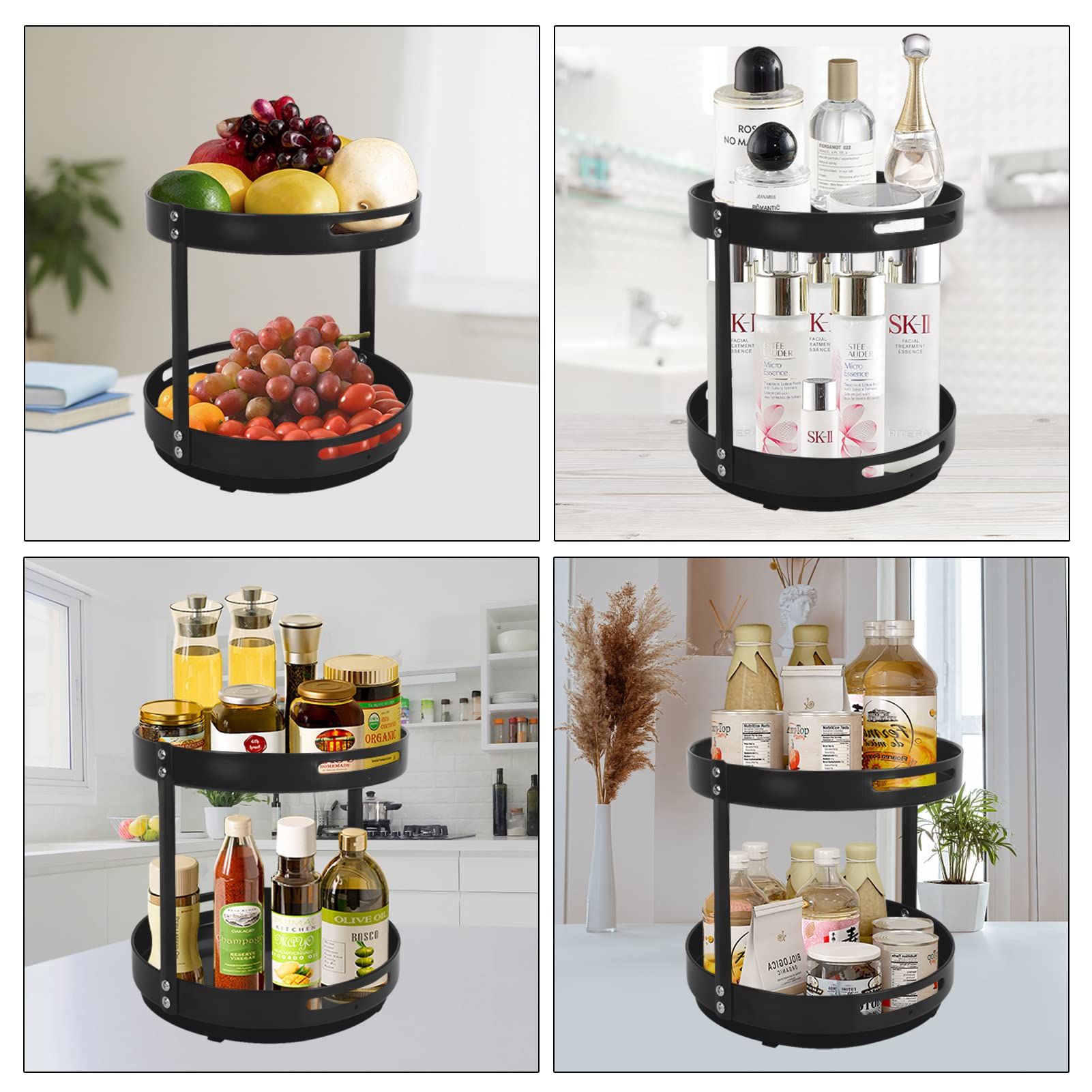 FYY Double Layer Lazy Susan Turntable Cabinet Organizer Spice Storage Rack, 360 Degree Rotating Spice Rack Metal Lazy Susan for Cabinet Pantry Kitchen Countertop Refrigerator Table Storage Black