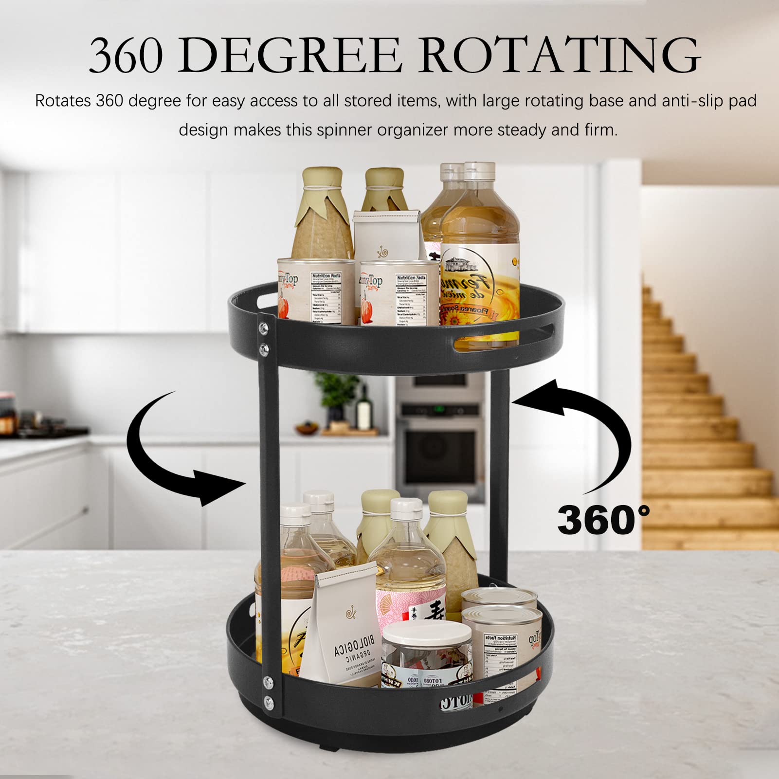 FYY Double Layer Lazy Susan Turntable Cabinet Organizer Spice Storage Rack, 360 Degree Rotating Spice Rack Metal Lazy Susan for Cabinet Pantry Kitchen Countertop Refrigerator Table Storage Black