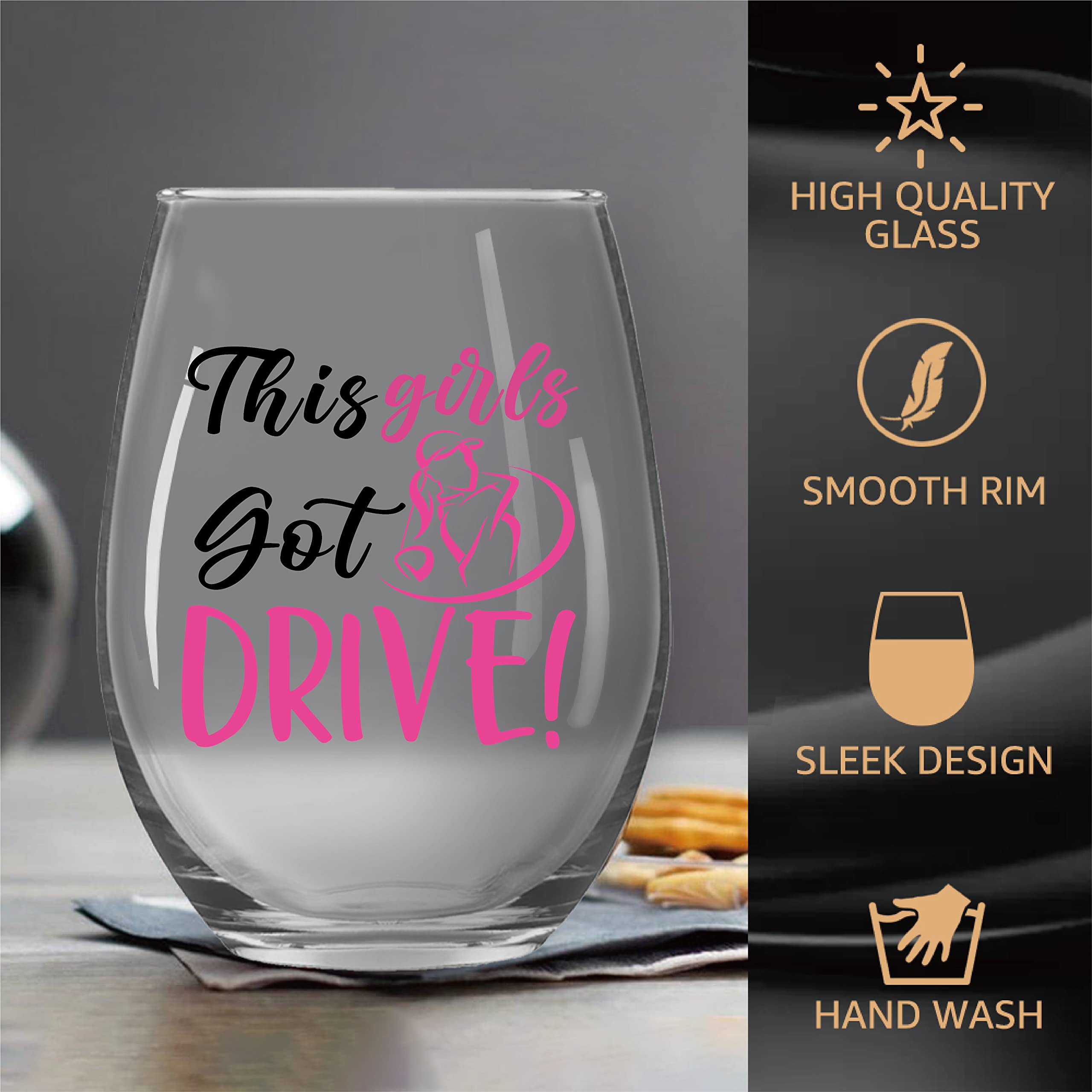 Pishovi This Girls Got Drive Wine Glass with Gift Box, Funny Stemless Glass, Golf Gifts for Women, Feminists, Christmas Anniversary Birthday Gifts for Mom Aunts Sisters Golf Lovers