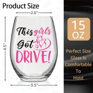 Pishovi This Girls Got Drive Wine Glass with Gift Box, Funny Stemless Glass, Golf Gifts for Women, Feminists, Christmas Anniversary Birthday Gifts for Mom Aunts Sisters Golf Lovers