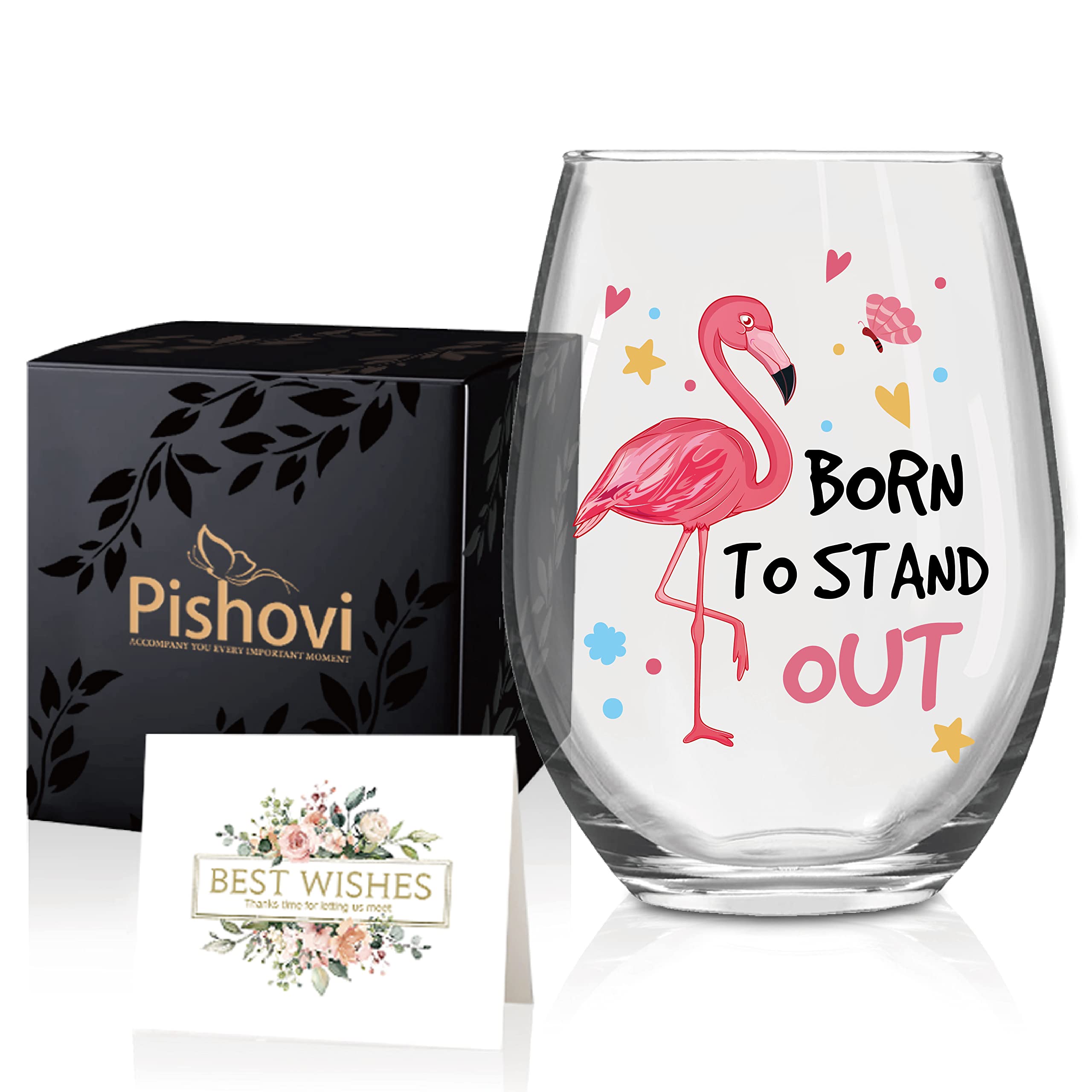 Pishovi Born To Stand Out Wine Glass with Gift Box, Fun Pink Flamingo Stemless Wine Glass, Birthday Gift for Women, Christmas Anniversary Birthday Gift for Sister Mom Aunt Grandma BFF