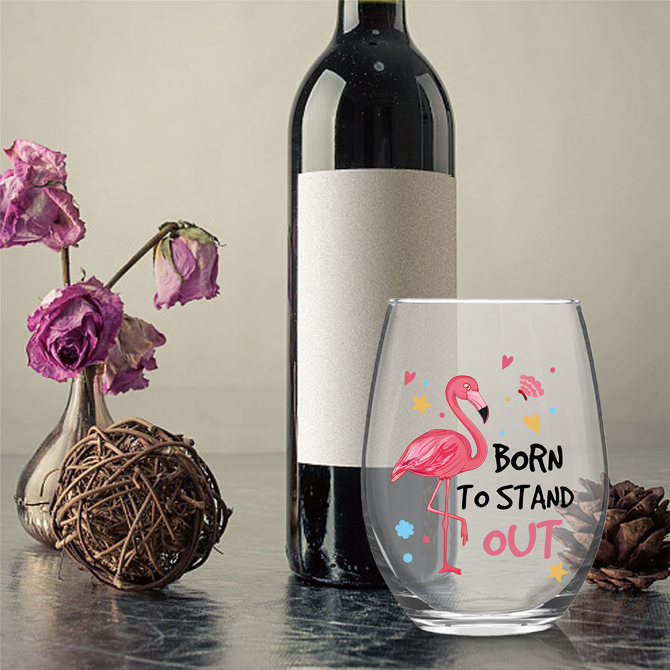 Pishovi Born To Stand Out Wine Glass with Gift Box, Fun Pink Flamingo Stemless Wine Glass, Birthday Gift for Women, Christmas Anniversary Birthday Gift for Sister Mom Aunt Grandma BFF