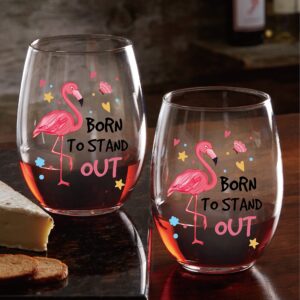 Pishovi Born To Stand Out Wine Glass with Gift Box, Fun Pink Flamingo Stemless Wine Glass, Birthday Gift for Women, Christmas Anniversary Birthday Gift for Sister Mom Aunt Grandma BFF