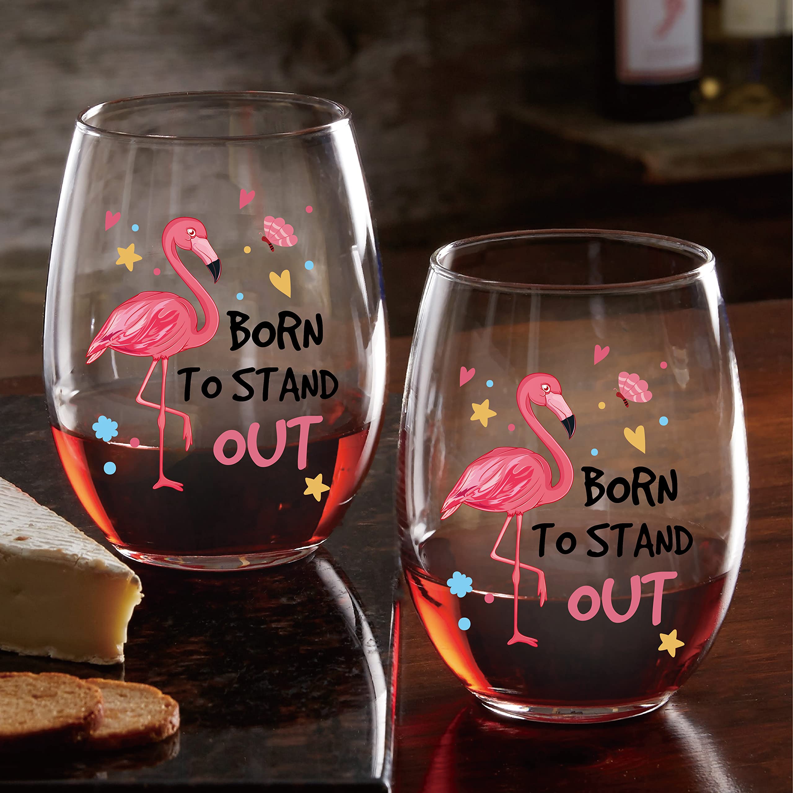 Pishovi Born To Stand Out Wine Glass with Gift Box, Fun Pink Flamingo Stemless Wine Glass, Birthday Gift for Women, Christmas Anniversary Birthday Gift for Sister Mom Aunt Grandma BFF