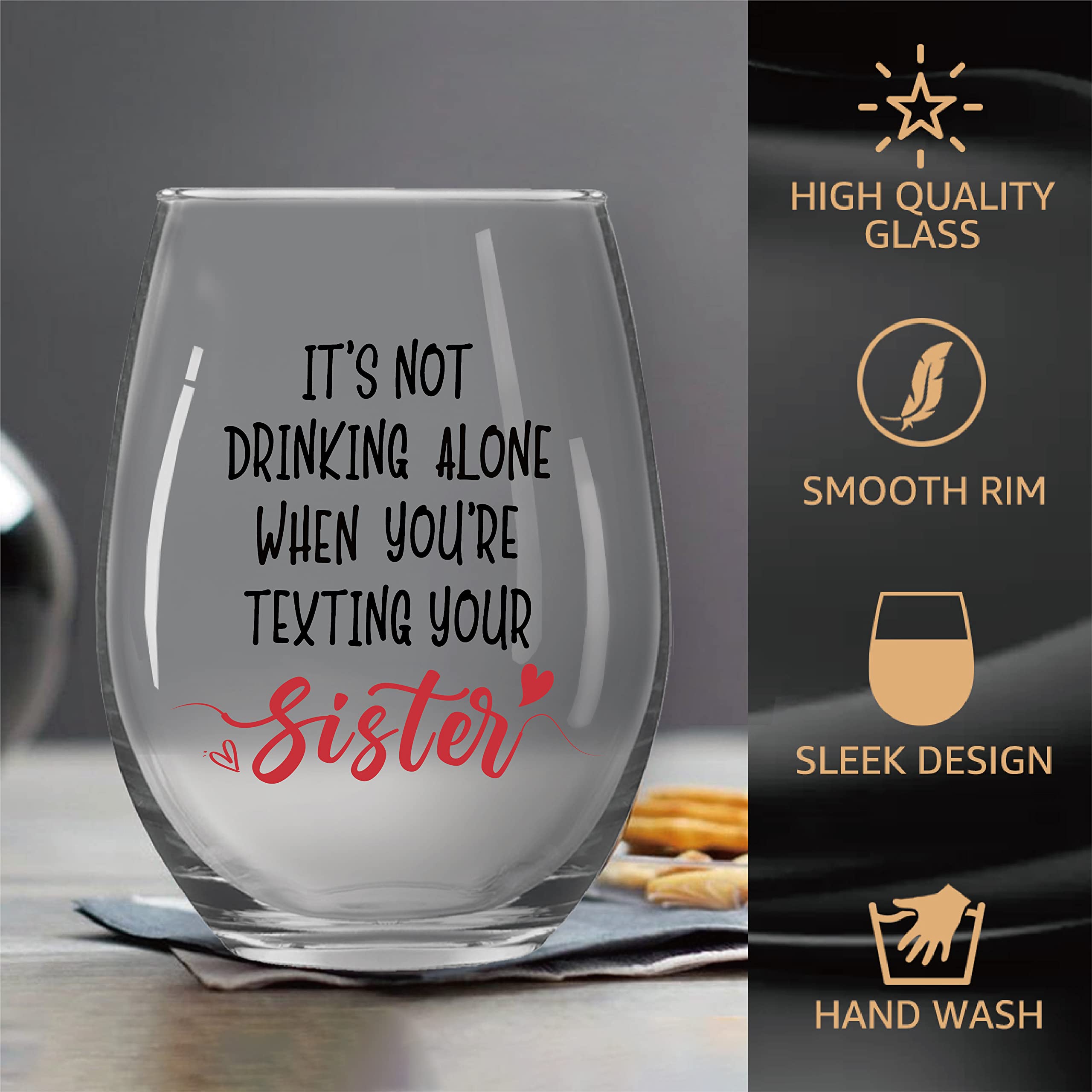 Pishovi It's Not Drinking Alone When You're Texting Your Sister Wine Glass with Gift Box, Funny Stemless Glass, Unique Gift for Sister, Funny Sister Quote, Christmas Birthday Gift for BFF Sister