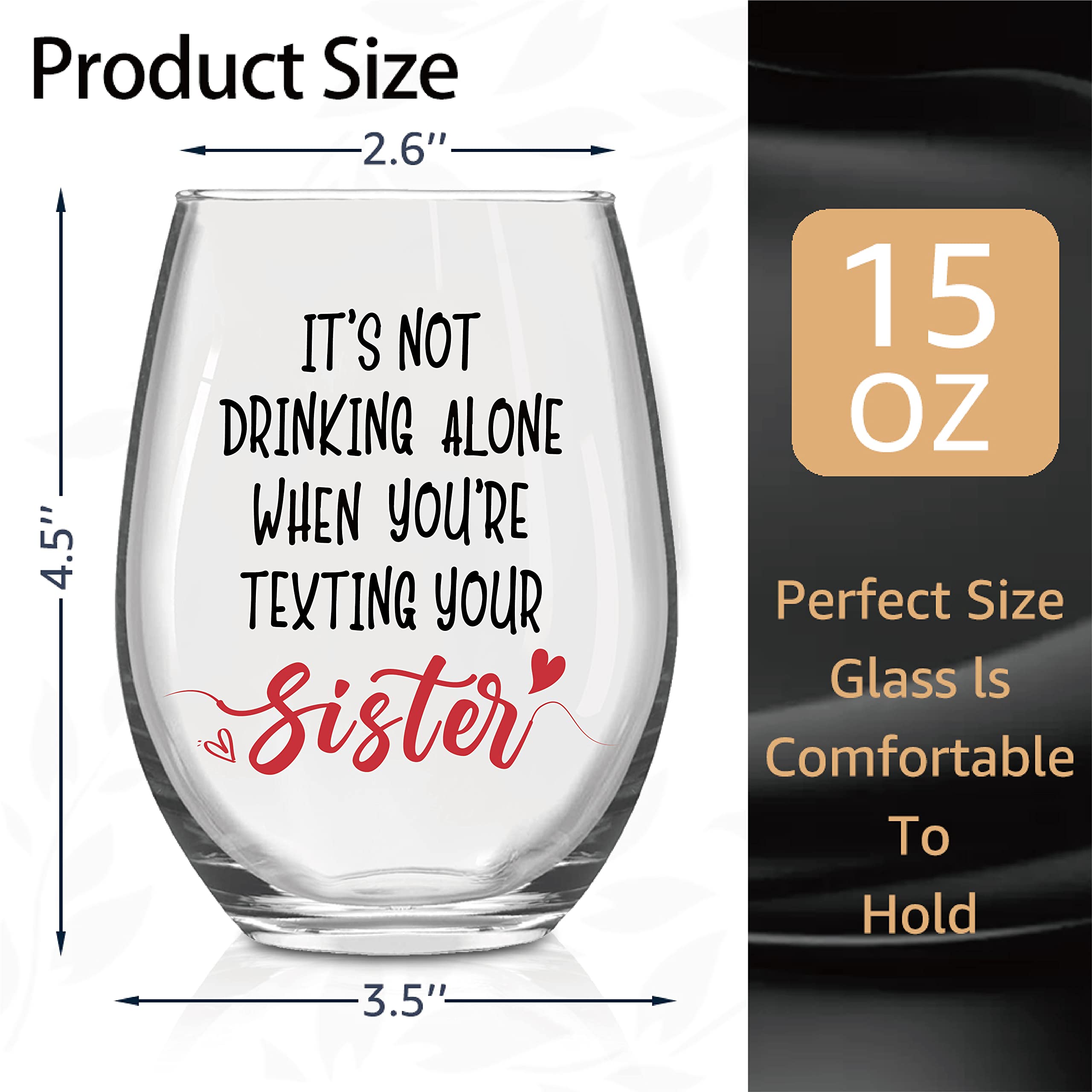 Pishovi It's Not Drinking Alone When You're Texting Your Sister Wine Glass with Gift Box, Funny Stemless Glass, Unique Gift for Sister, Funny Sister Quote, Christmas Birthday Gift for BFF Sister