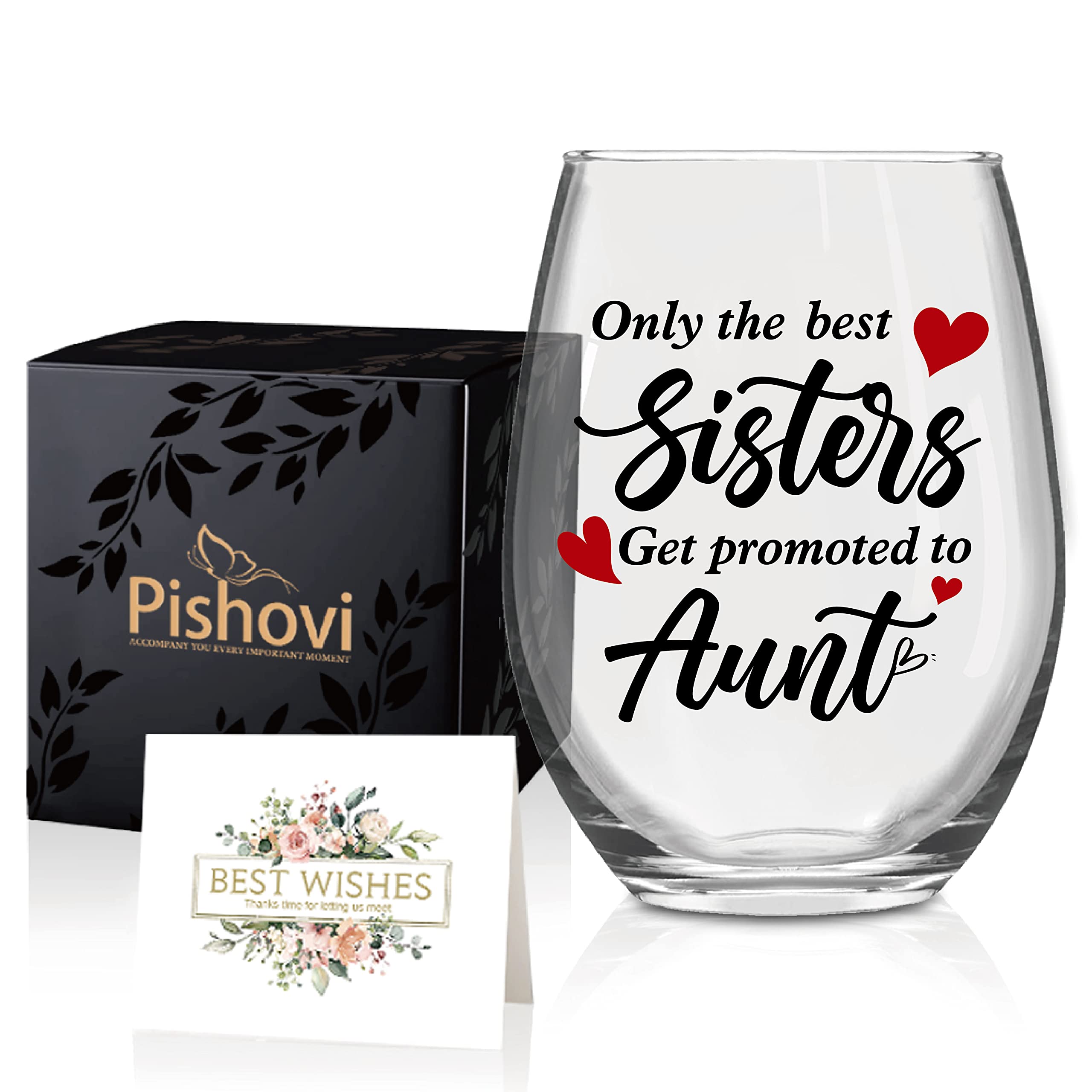 Pishovi Only the Best Sisters Get Promoted To Aunt Glass with Gift Box, Funny Stemless Glass, Pregnancy Announcement Gift for Sister, Aunt Upgrade, Baby Announcement Gift for Sister BFF