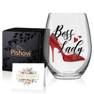 pishovi boss lady wine glass with gift box, funny stemless glass, unique gift for women, christmas birthday new job gift for female entrepreneur lady boss, coworker, mom, girl