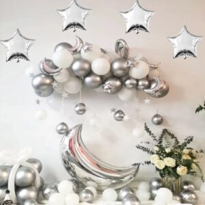 50pcs Silver Moon and Star Balloons,36"Moon Foil Balloons 18"10" Star Foil Balloons Four Pointed Star Balloon Mylar Balloon for Baby Shower Christmas Wedding Birthday Party