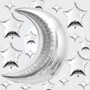 50pcs Silver Moon and Star Balloons,36"Moon Foil Balloons 18"10" Star Foil Balloons Four Pointed Star Balloon Mylar Balloon for Baby Shower Christmas Wedding Birthday Party