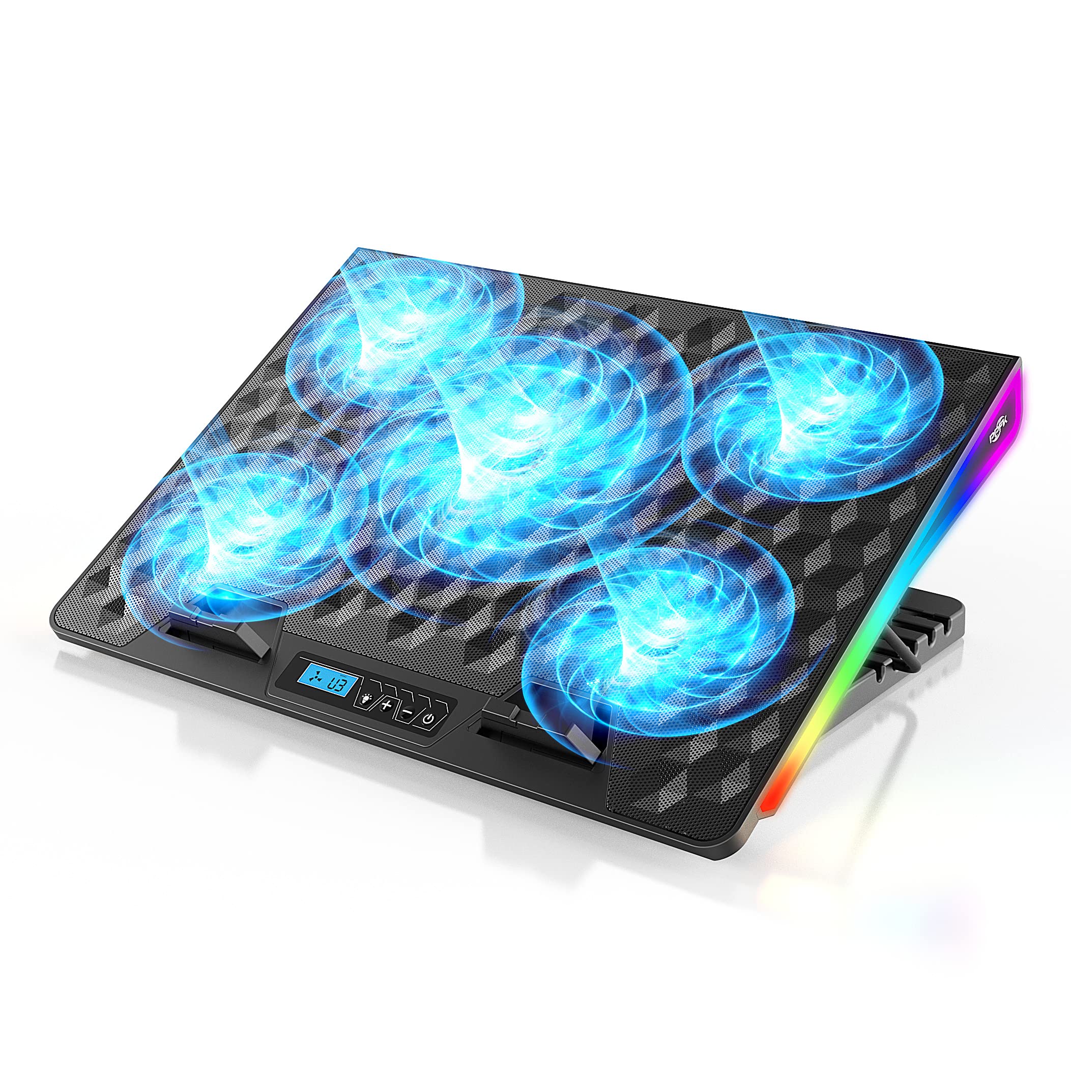 PPFK Laptop Fan Cooling Pad, RGB Laptop Cooler Pad with 5 Cooling Fans, Cooling Pad for Gaming Laptop 15-17.3 Inch, Laptop Cooling Stand with 5 Height Adjustable, 10 Modes Light & 2 USB Ports