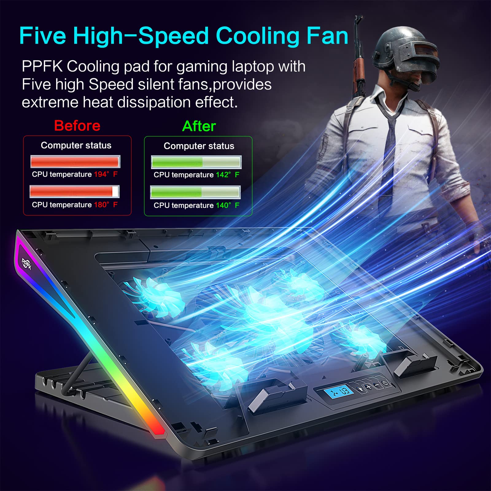 PPFK Laptop Fan Cooling Pad, RGB Laptop Cooler Pad with 5 Cooling Fans, Cooling Pad for Gaming Laptop 15-17.3 Inch, Laptop Cooling Stand with 5 Height Adjustable, 10 Modes Light & 2 USB Ports