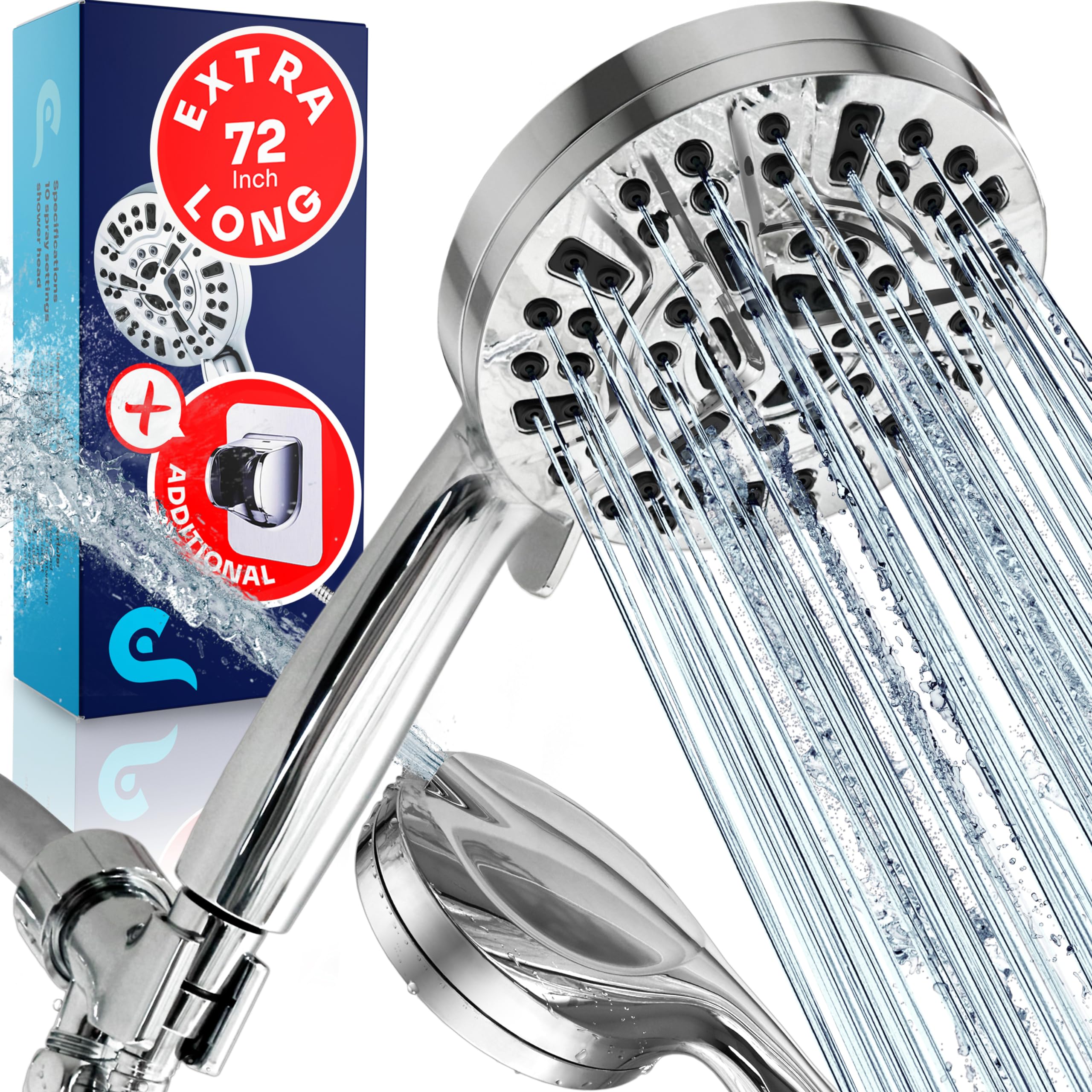 Colomore High Pressure Shower Head - Hand Held Shower Head with Long Hose 72" - Detachable Shower Head with High Pressure Power Wash - Bathroom Shower Head with Wall & Overhead Brackets (Silver)