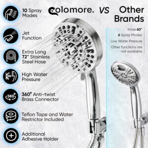 Colomore High Pressure Shower Head - Hand Held Shower Head with Long Hose 72" - Detachable Shower Head with High Pressure Power Wash - Bathroom Shower Head with Wall & Overhead Brackets (Silver)