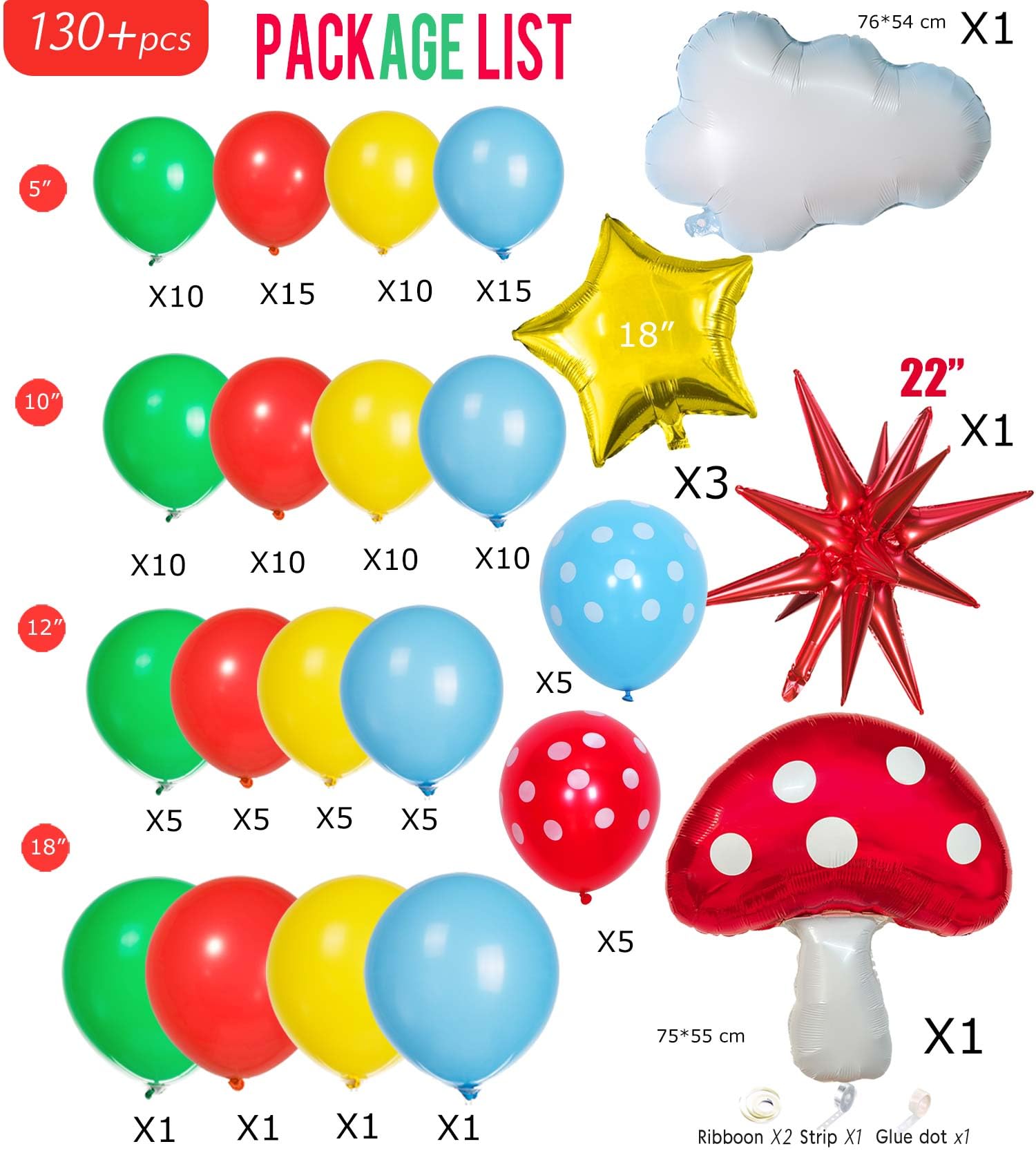 Red Blue green Yellow balloon garland Kit 130Pcs with Cloud mushroom Star balloons for Cartoon & Video Game theme Super bros Birthday inspired Party Decorations