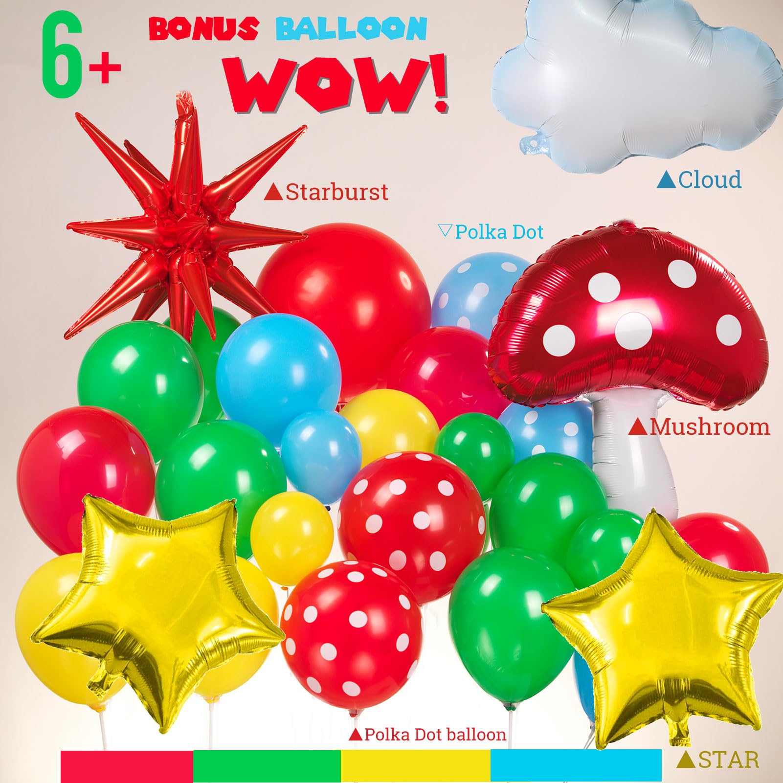 Red Blue green Yellow balloon garland Kit 130Pcs with Cloud mushroom Star balloons for Cartoon & Video Game theme Super bros Birthday inspired Party Decorations