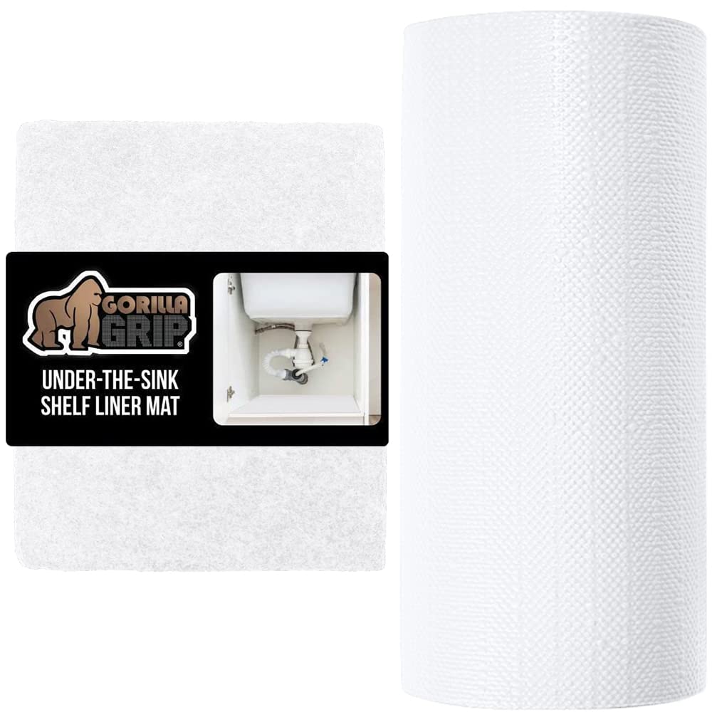 Gorilla Grip Under Sink Mat and Smooth Drawer Liner, Under Sink Mat Size 24x30, Absorbent Mat for Below Sinks, Drawer Liner Size 17.5x20, Non Adhesive, Both in White, 2 Item Bundle