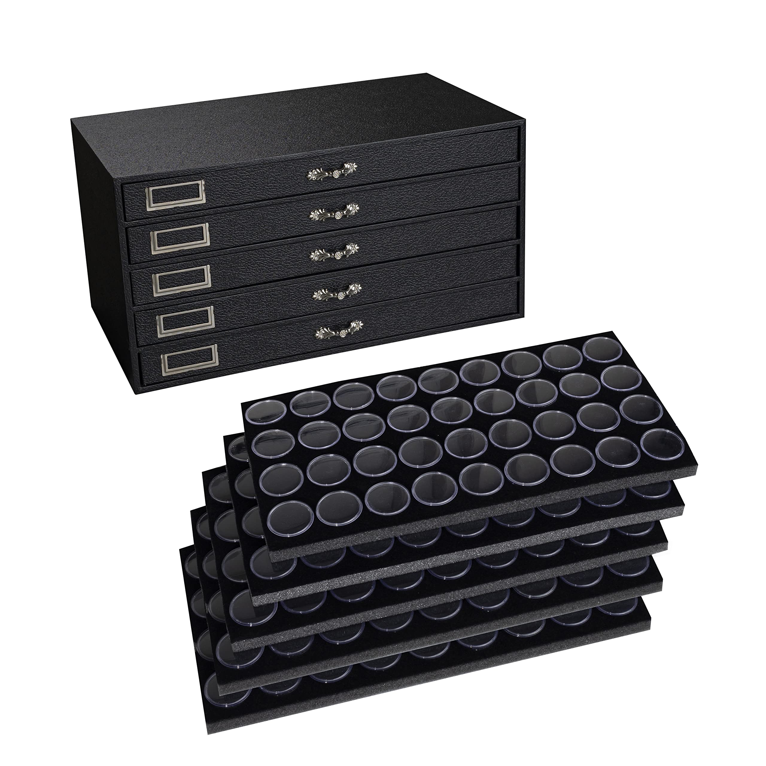 Novel Box 5-Drawer Jewelry Tray Organizer With Black Leatherette Finish & 36-Count Gemstone/Coin Tray Foam Liners (Black, 180 Jars)