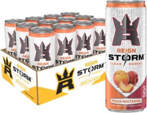 reign storm, peach nectarine, fitness & wellness energy drink, 12 fl oz (pack of 12)