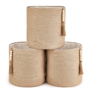 mkono storage baskets set of 3 small woven cubes bins basket organizer decorative wooden beads tassel 11" jute rope shelf baskets home decor for living room closet organizing nursery bedroom