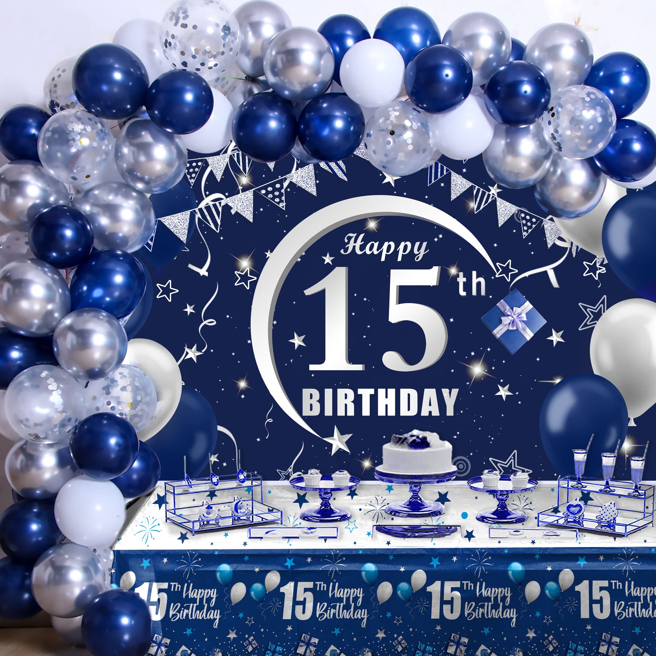 15th Birthday Decorations for Boys Girls - Navy Blue Birthday Decorations For Boys Girls Including HAPPY 15th BIRTHDAY Decorations Backdrop Tablecloth Balloon Garland Kit -15th Bday Decorations