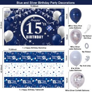 15th Birthday Decorations for Boys Girls - Navy Blue Birthday Decorations For Boys Girls Including HAPPY 15th BIRTHDAY Decorations Backdrop Tablecloth Balloon Garland Kit -15th Bday Decorations