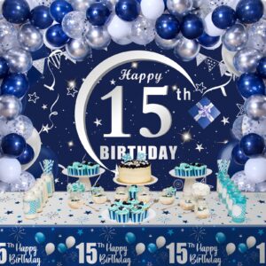 15th Birthday Decorations for Boys Girls - Navy Blue Birthday Decorations For Boys Girls Including HAPPY 15th BIRTHDAY Decorations Backdrop Tablecloth Balloon Garland Kit -15th Bday Decorations