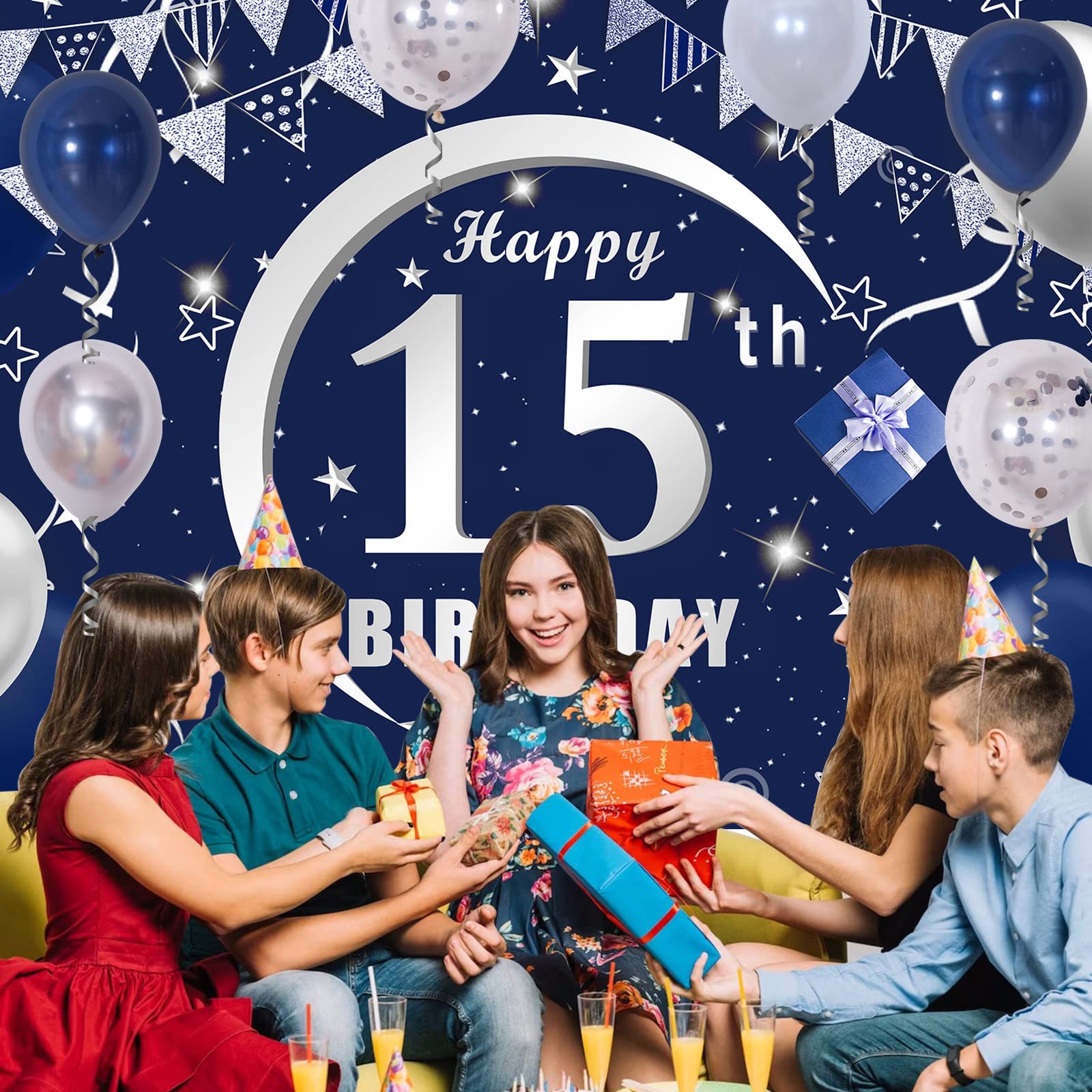 15th Birthday Decorations for Boys Girls - Navy Blue Birthday Decorations For Boys Girls Including HAPPY 15th BIRTHDAY Decorations Backdrop Tablecloth Balloon Garland Kit -15th Bday Decorations