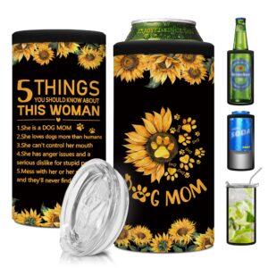 4 in 1 skinny can cooler for slim bottle & hard seltzer, dog mom gifts for women, black insulated stainless steel tumbler with lid, non-slip, doucle-walled vacuum, leak proof cool drink holder