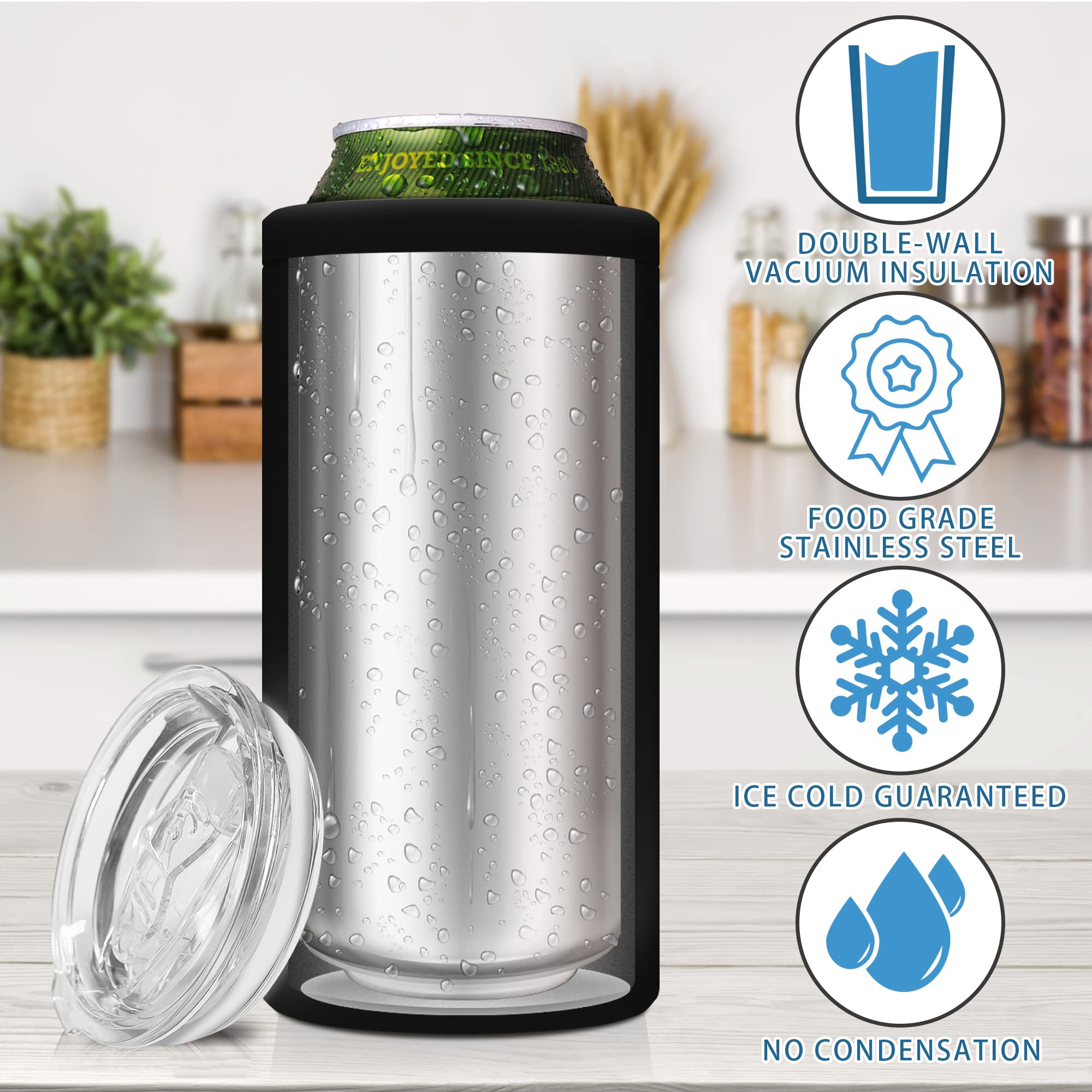 4 in 1 Skinny Can Cooler for Slim Bottle & Hard Seltzer, Dog Mom Gifts for Women, Black Insulated Stainless Steel Tumbler with Lid, Non-slip, Doucle-Walled Vacuum, Leak Proof Cool Drink Holder