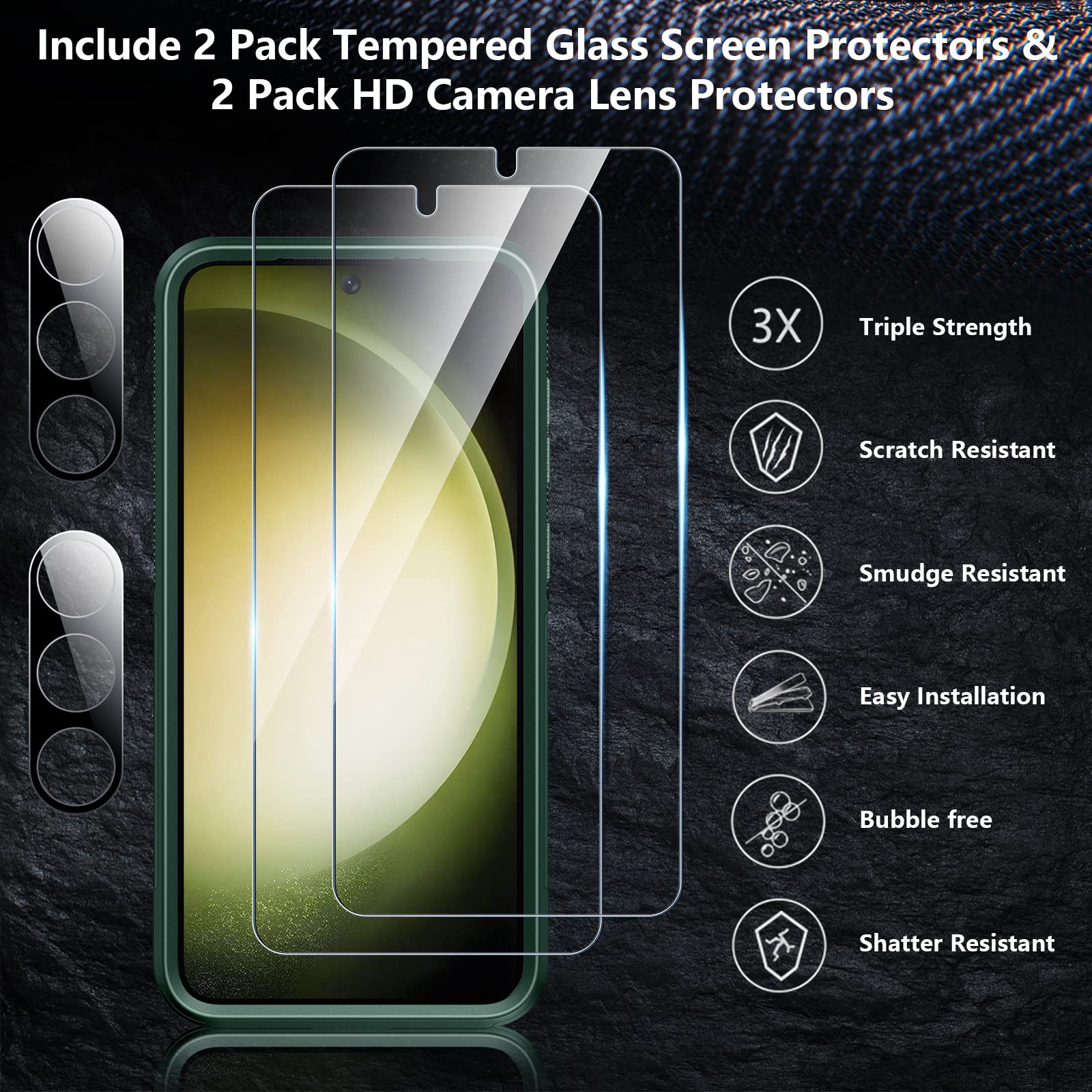 SPIDERCASE Designed for Samsung Galaxy S23 Case, [10 FT Military Grade Drop Protection], 2 Pack [Tempered Glass Screen Protector+Camera Lens Protector] Heavy Duty Shockproof Case, Deep Green