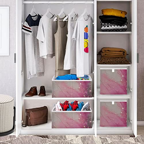 Vnurnrn Cube Storage Bins (Pink Silver), Collapsible Storage Box with Support Board, Foldable Fabric Baskets for Shelf Closet Cabinet 11.02×11.02×11.02 in