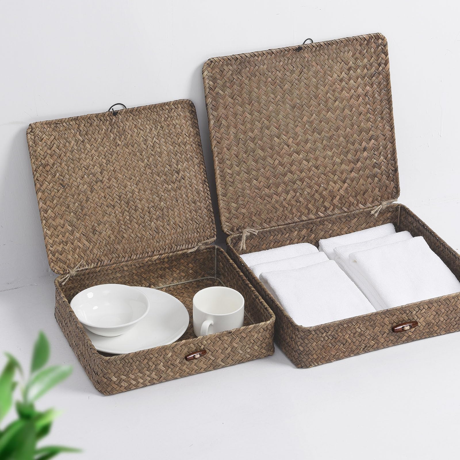 FOSSORH Set of 2 Flat Seagrass Storage Bins with Lid Wicker Storage Baskets for Organizing, Woven Shelf Organizer Bins Home Utility Organizer Box for Home & Office Supplies(Coffee)