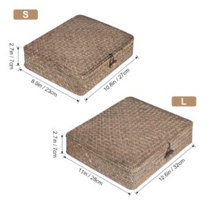 FOSSORH Set of 2 Flat Seagrass Storage Bins with Lid Wicker Storage Baskets for Organizing, Woven Shelf Organizer Bins Home Utility Organizer Box for Home & Office Supplies(Coffee)