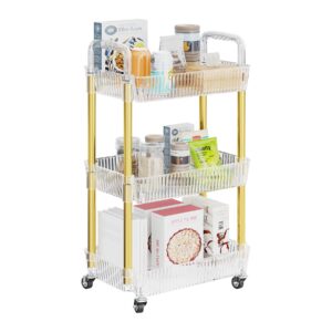 dttwacoyh 3-tier rolling cart，makeup cart with wheels，snack cart，pet and metal rolling cart for living room，kitchen，office，bathroom，golden