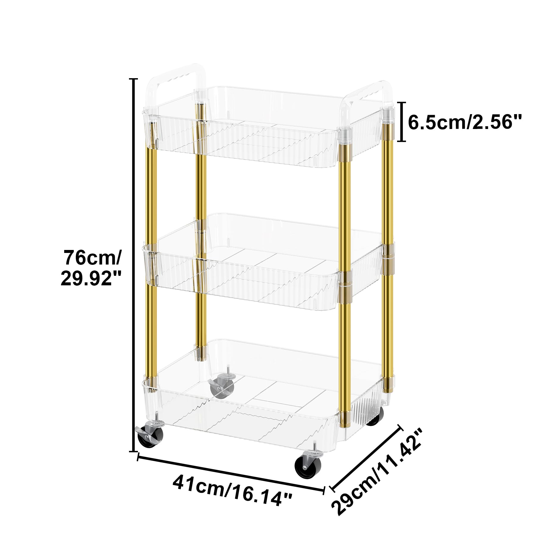 Dttwacoyh 3-Tier Rolling Cart，Makeup Cart with Wheels，Snack Cart，PET and Metal Rolling Cart for Living Room，Kitchen，Office，Bathroom，Golden