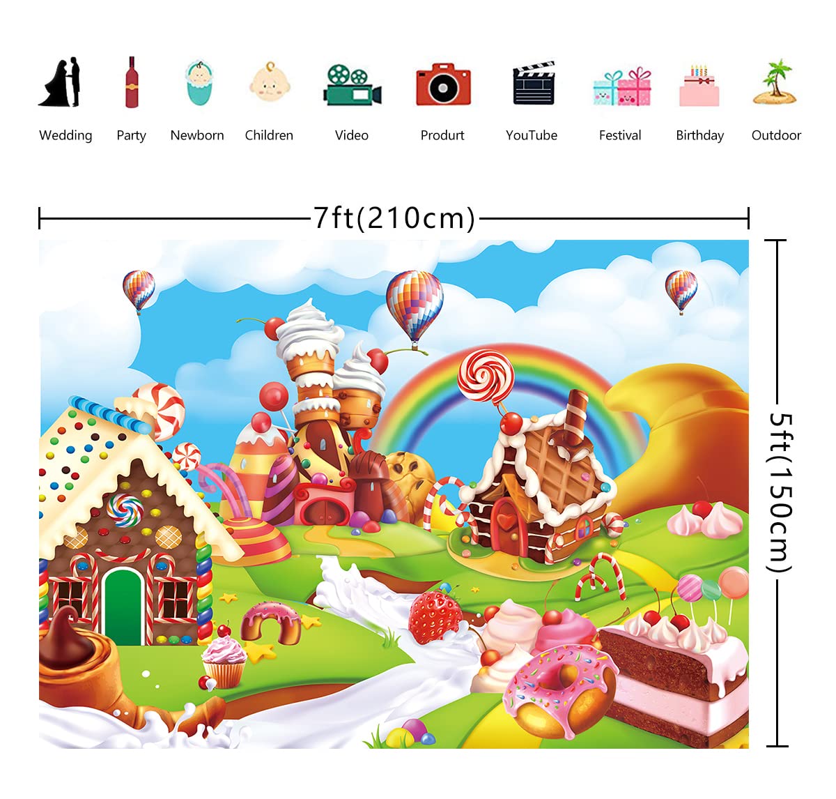 Candyland Backdrop 7x5FT Cartoon Rainbow Lollipop Icecream Sweet Donut Candy Photography Background for 1st First Birthday Party Decoration Baby Shower Photo Props (84x60 inch)