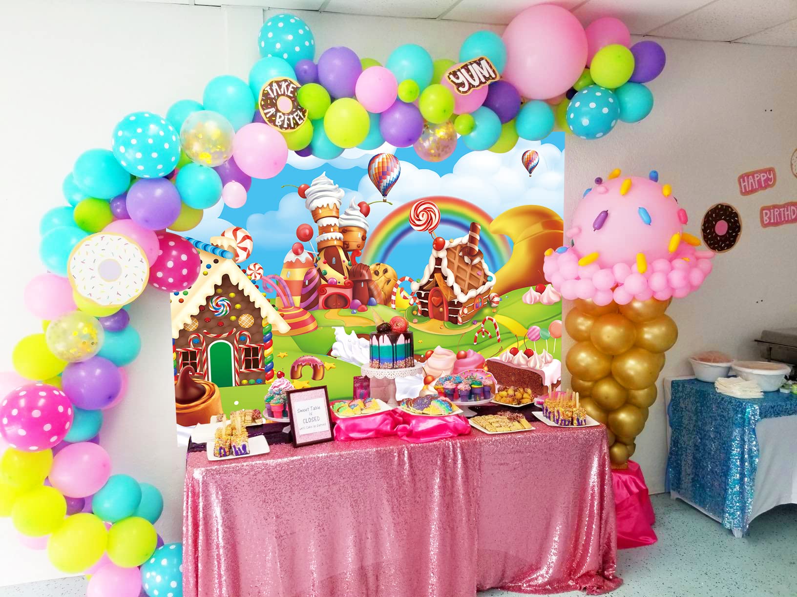 Candyland Backdrop 7x5FT Cartoon Rainbow Lollipop Icecream Sweet Donut Candy Photography Background for 1st First Birthday Party Decoration Baby Shower Photo Props (84x60 inch)