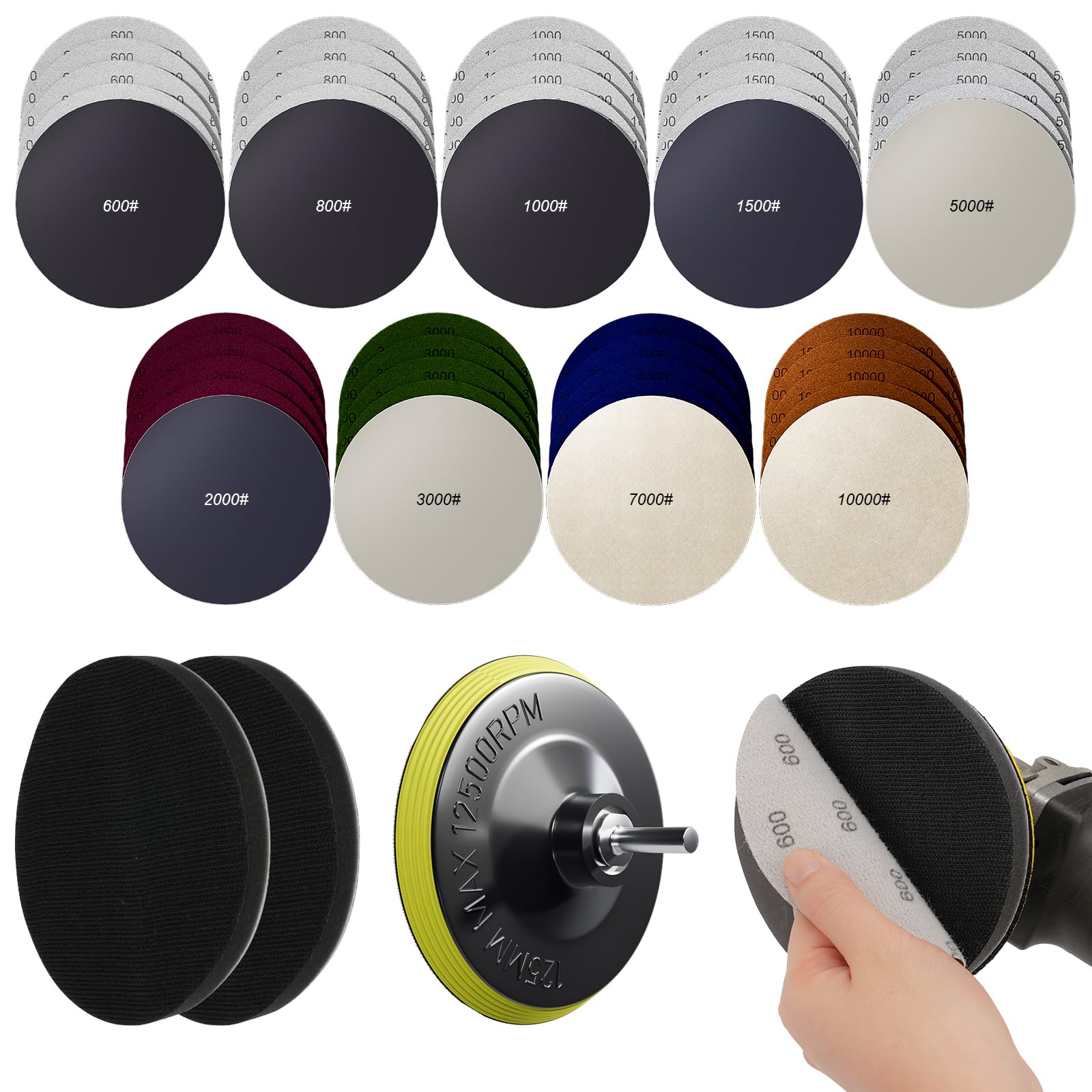 TOOVEM 49PCS 5 Inch Wet Dry Sanding Discs Kit with Hook and Loop Backing Pad, Angle Grinder Attachments with 5/8-11 Drill, Sanding Pad for Wood Metal Car Polishing Sanding 600 to 10000 Grits Sandpaper