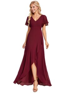 ever-pretty women's double v neck a line ruffle hem backless high low chiffon wedding guest dresses burgundy us14