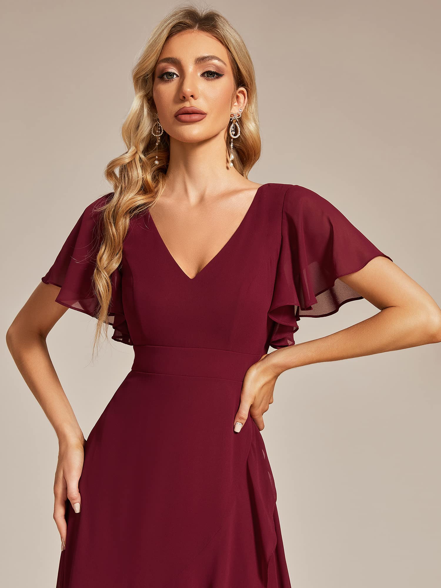 Ever-Pretty Women's Double V Neck A Line Ruffle Hem Backless High Low Chiffon Wedding Guest Dresses Burgundy US14