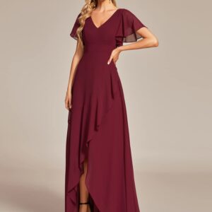 Ever-Pretty Women's Double V Neck A Line Ruffle Hem Backless High Low Chiffon Wedding Guest Dresses Burgundy US14