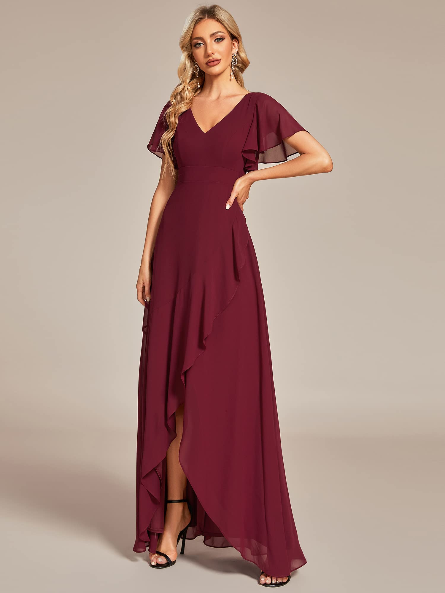 Ever-Pretty Women's Double V Neck A Line Ruffle Hem Backless High Low Chiffon Wedding Guest Dresses Burgundy US14