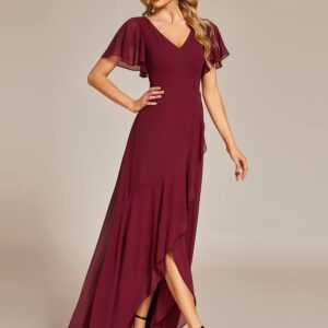 Ever-Pretty Women's Double V Neck A Line Ruffle Hem Backless High Low Chiffon Wedding Guest Dresses Burgundy US14