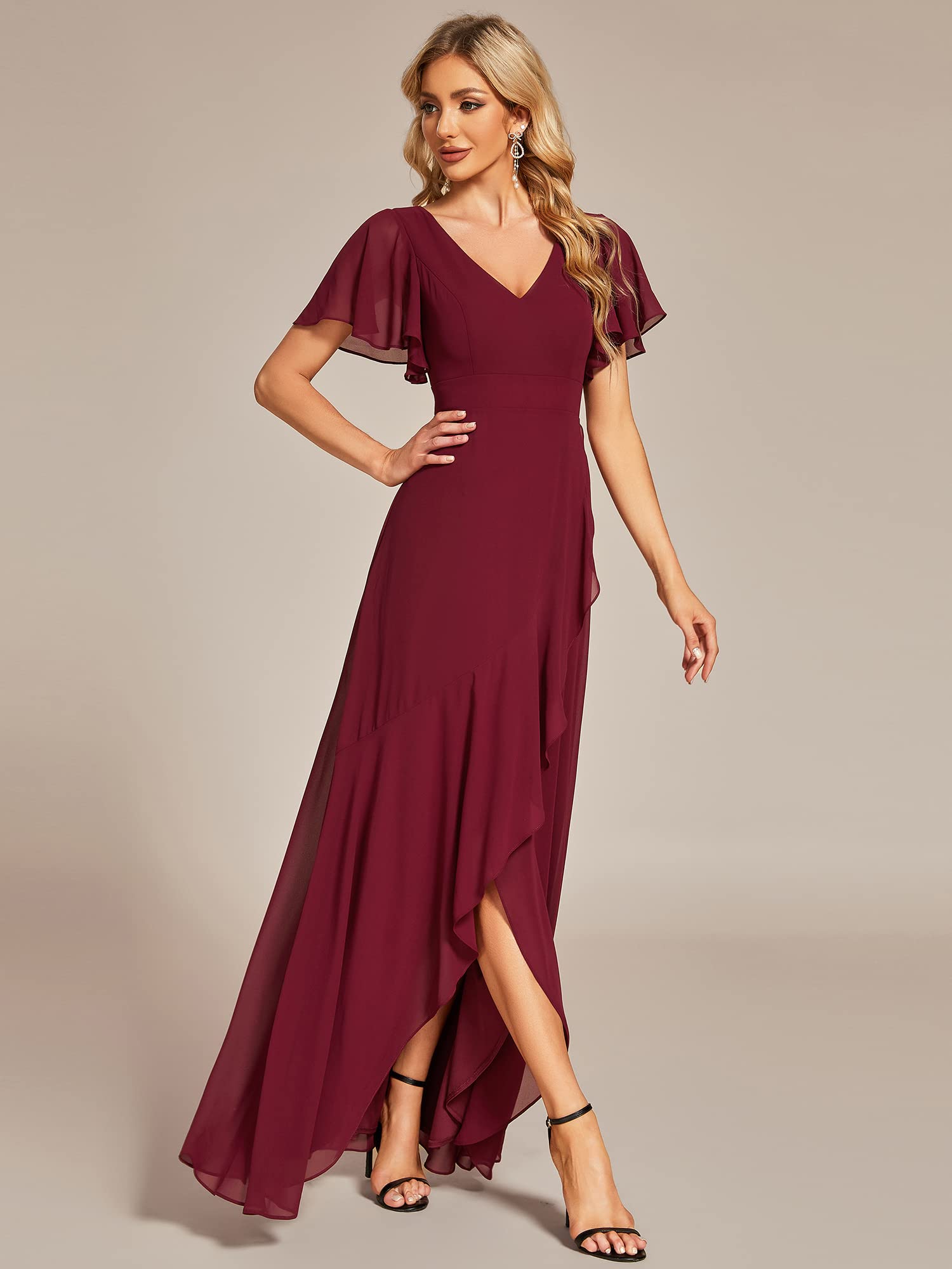 Ever-Pretty Women's Double V Neck A Line Ruffle Hem Backless High Low Chiffon Wedding Guest Dresses Burgundy US14